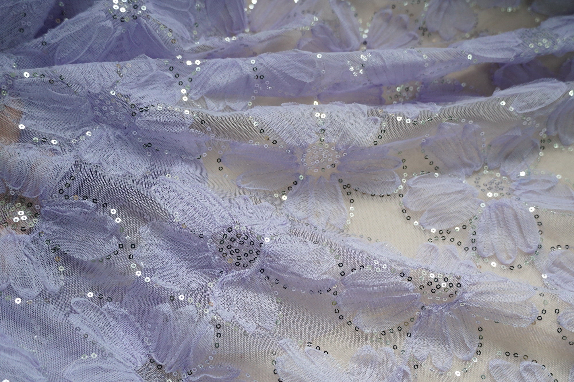 Lavender Floral Lace Fabric, Chiffon Flower Lace Fabric With Sequins ...