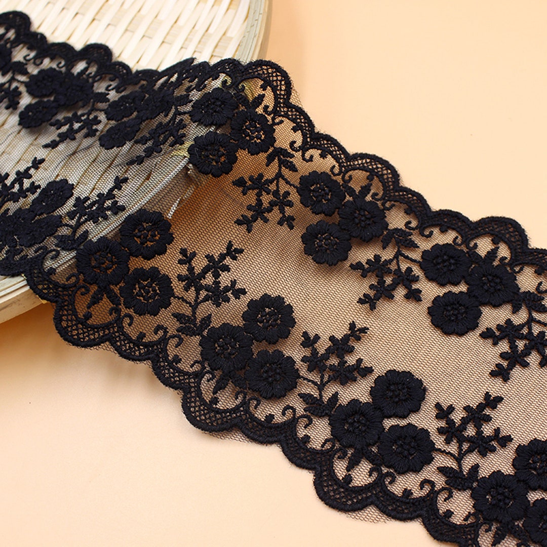 Black Lace Trim, Mesh Cotton Embroidery Lace, Floral Bridal Lace Trim ...