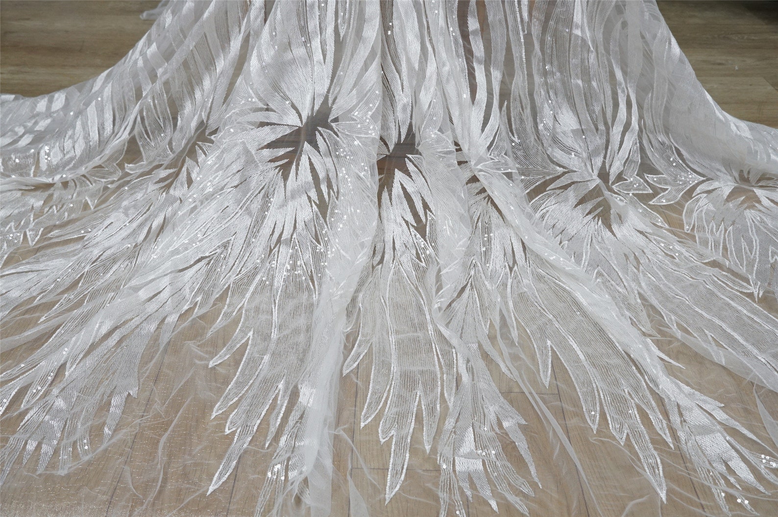 Big Feather Embroidery Lace Fabric With Sequins, Sheer Mesh Eembroidery ...