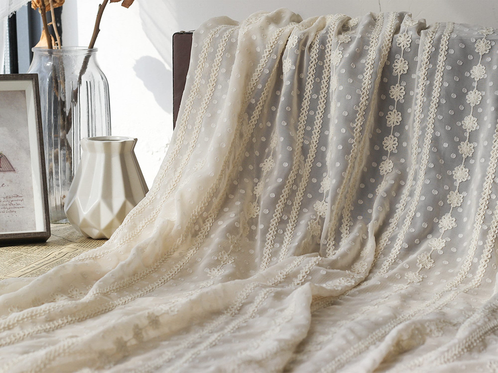 Stripe Floral Embroidery Chiffon Fabric, Dotted Fabric, Striped Chiffon ...
