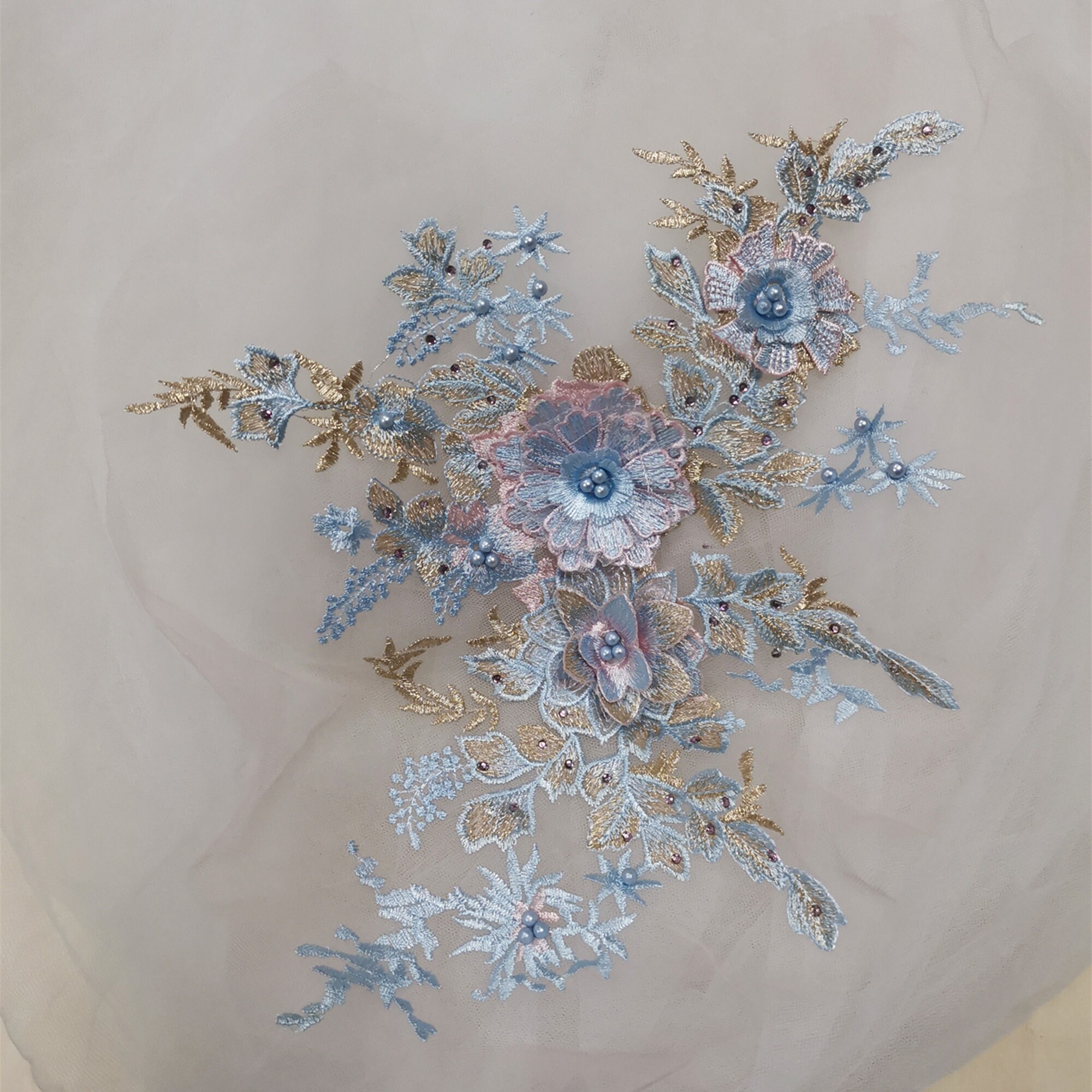 Blue & Gold 3D Applique Multi-layers Flowers Beaded Applique | Etsy