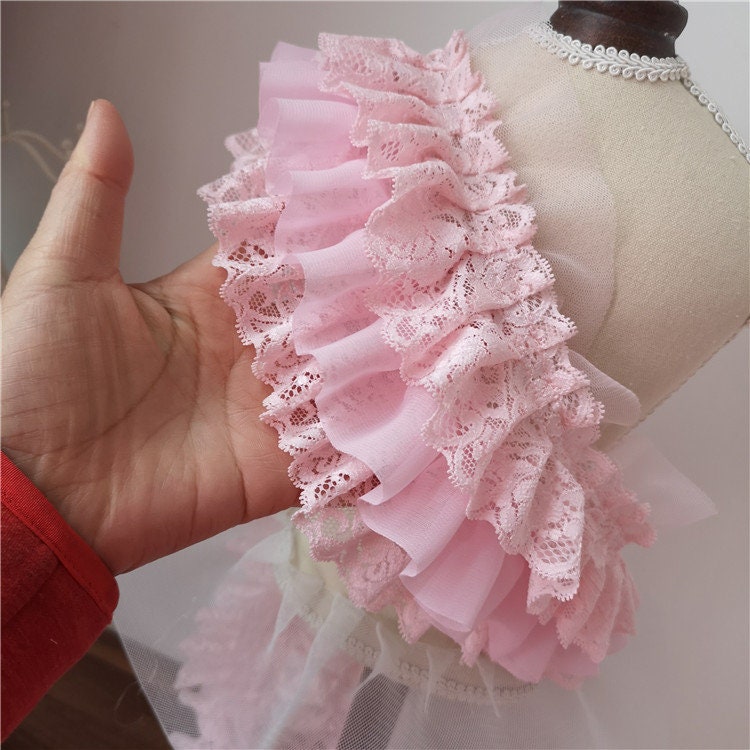 3 Layers Pink Ruffled Lace Trim Chiffon Ruffle Trim Elastic | Etsy