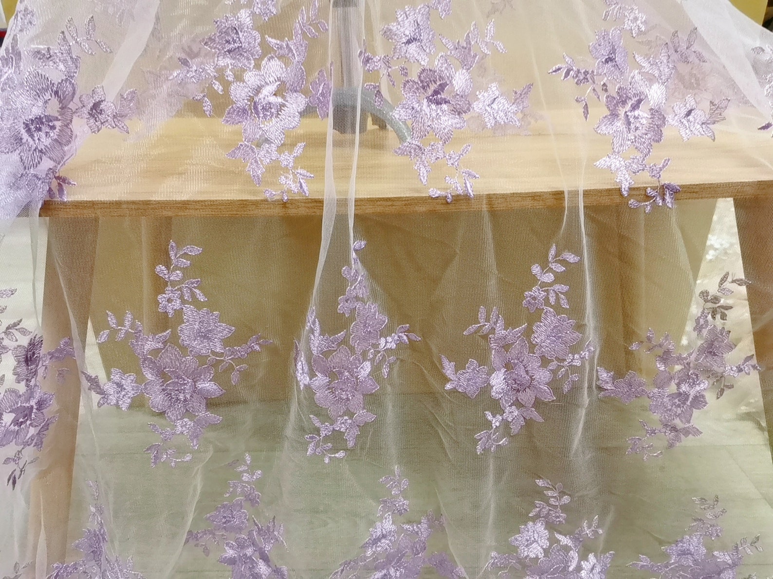 Light Purple Lace Fabric, Floral Embroidery Gauze Mesh Lace Fabric for ...