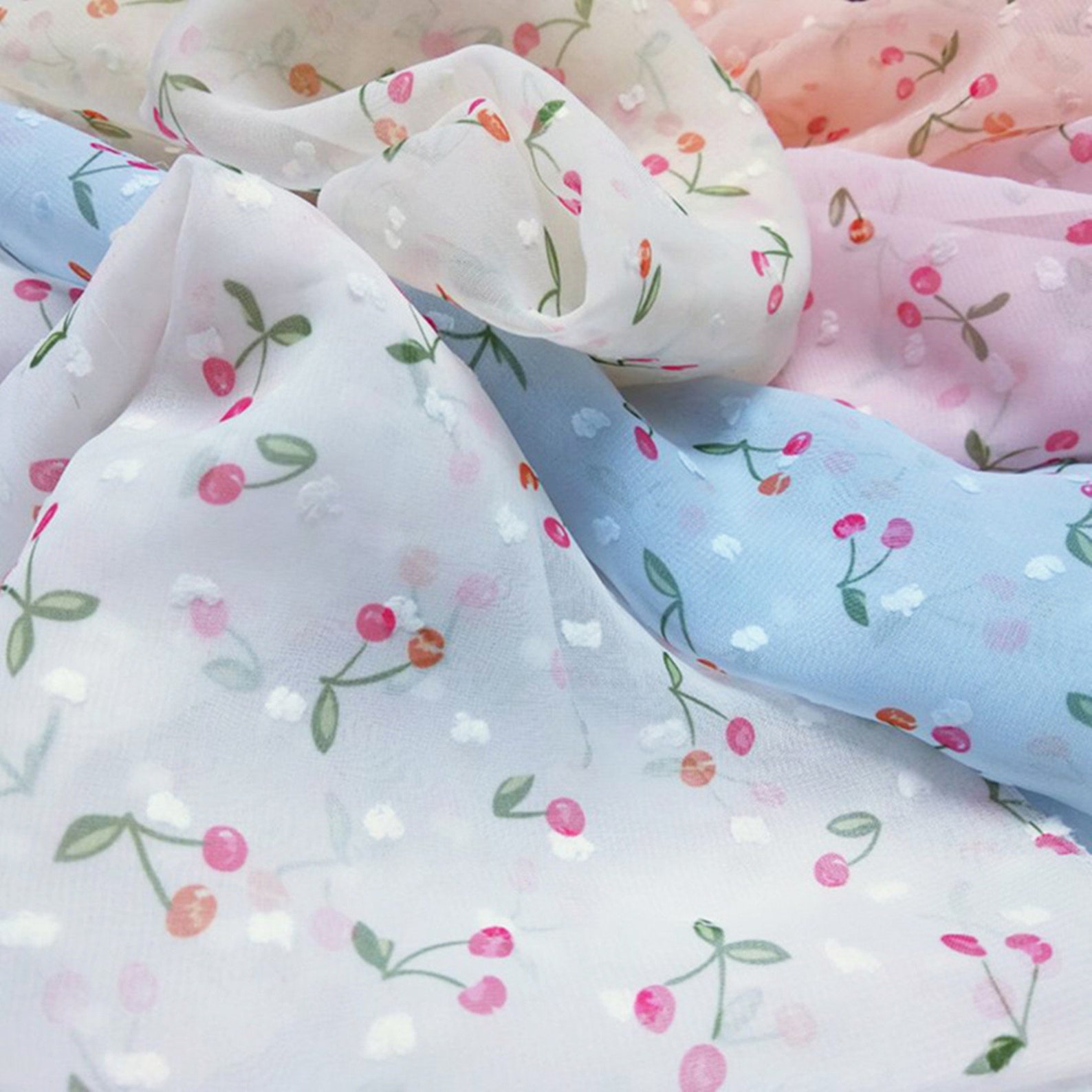 Cherry Fabric, Soft Chiffon Fabric Print Cherry Dot Embroidered Lace ...