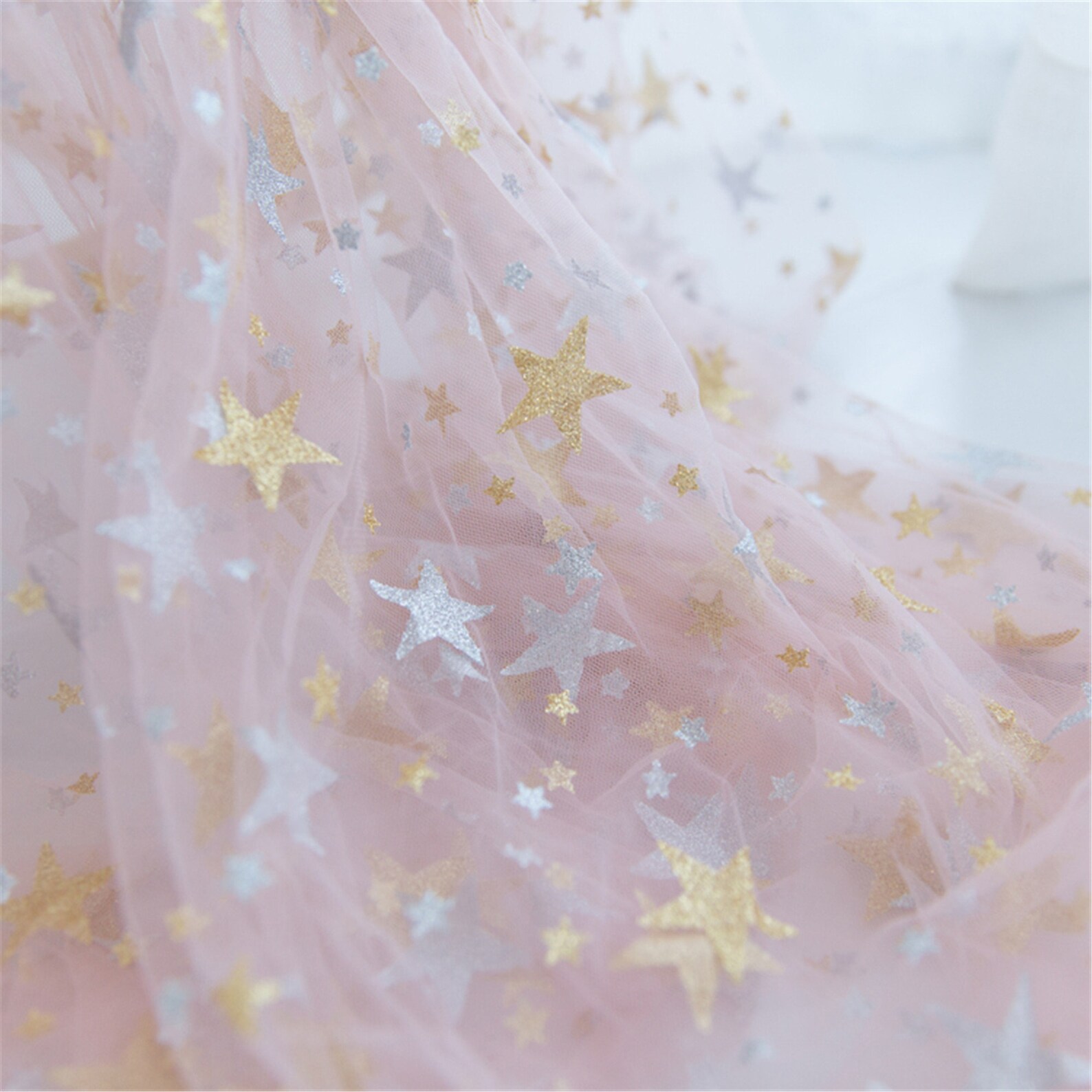 Star Lace Fabric, Glitter Star Lace Fabric, Gold and Silver Star Print ...