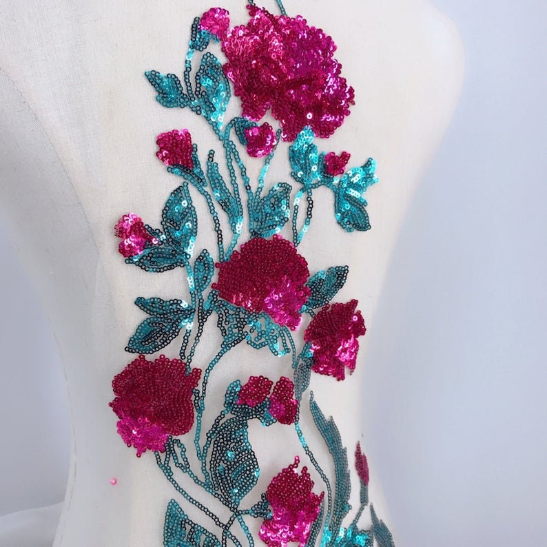 Large Sequined Rose Flower Lace Applique Dark Cyan Sequins | Etsy