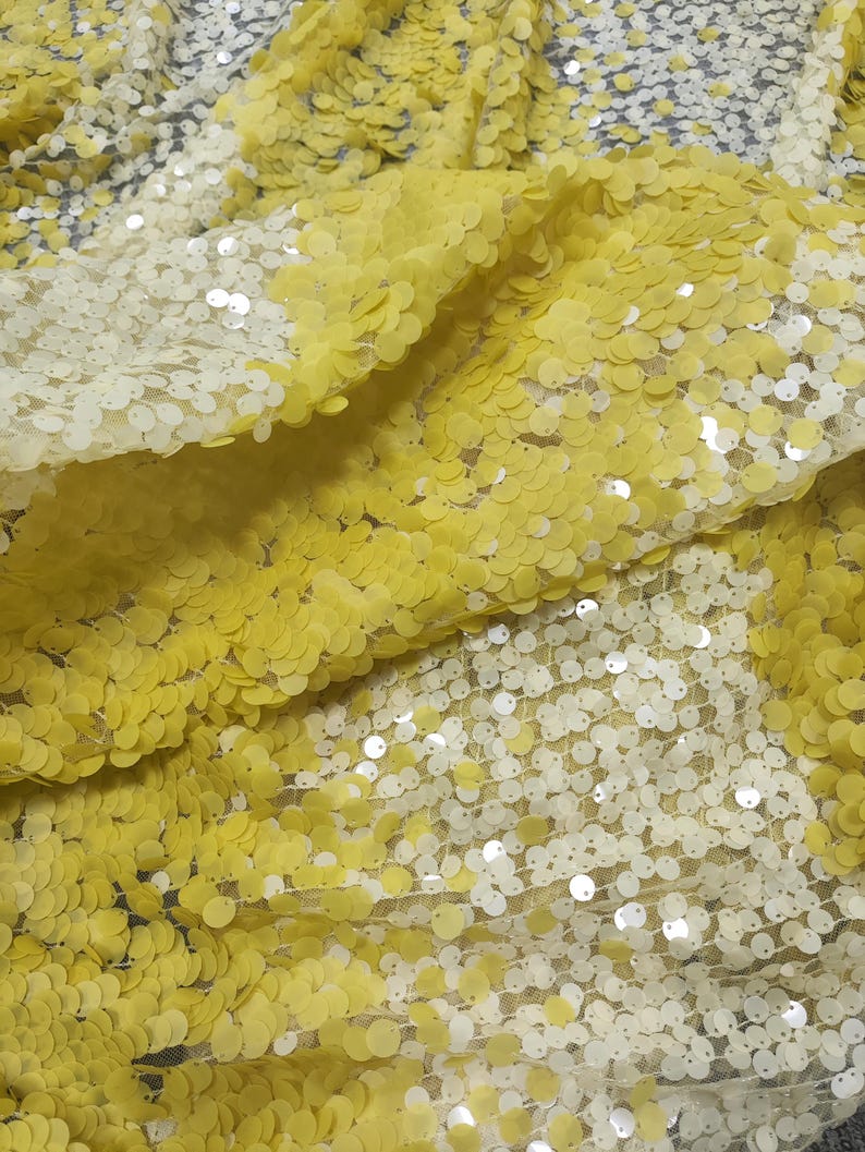 White Yellow Sequined Fabric, Shiny Sequins Mesh Fabric for Party Gown ...
