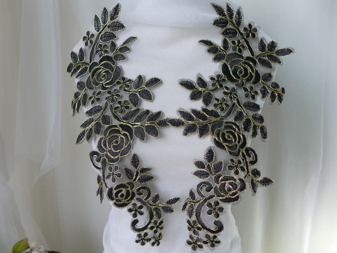 Retro Style Embroidered Floral Applique Alencon Lace Applique in Black ...