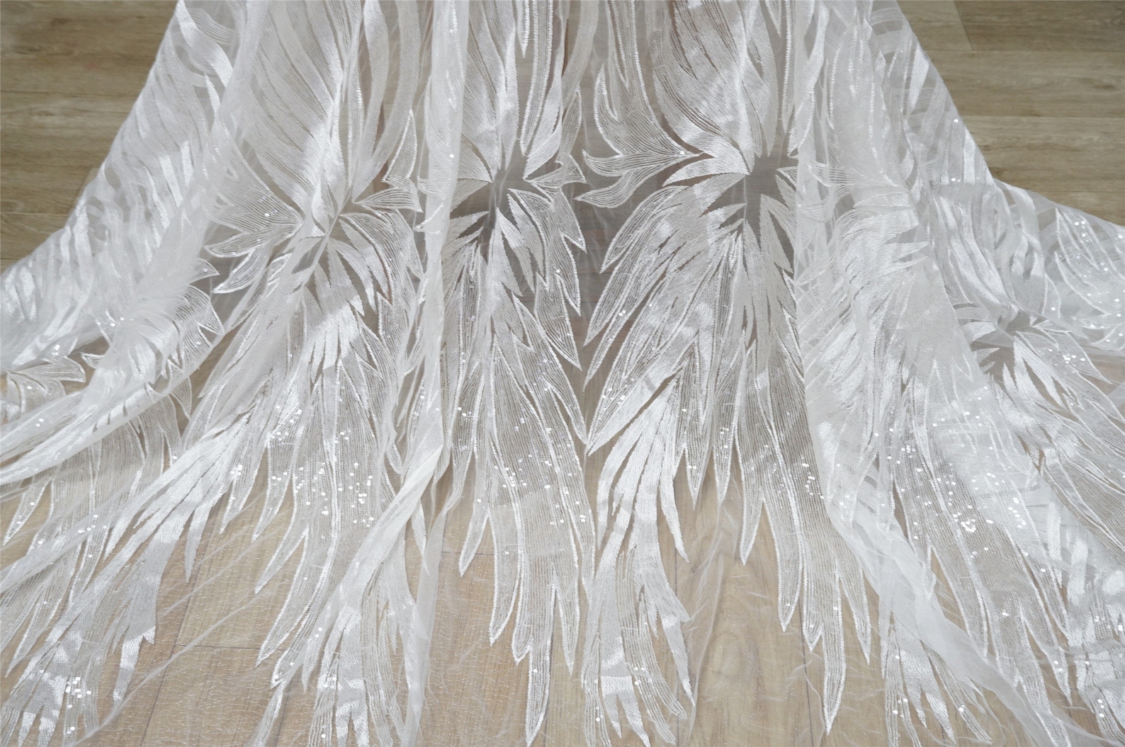 Big Feather Embroidery Lace Fabric With Sequins, Sheer Mesh Eembroidery ...