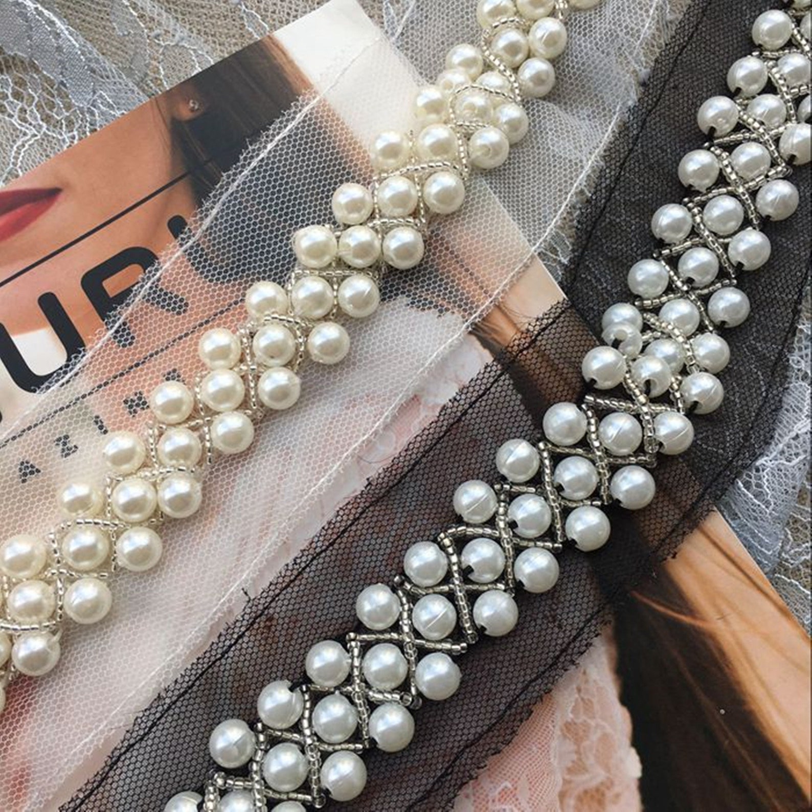 Bridal Beaded Lace Trim, Beaded Pearls Trim on Mesh, Beading Mesh Trim ...