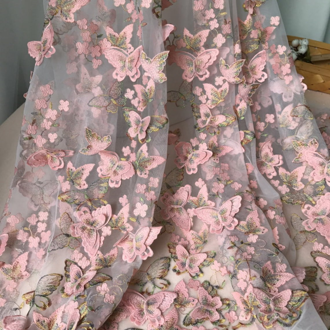 Pink 3D Butterfly Lace Fabric Pink/Gold Thread Butterfly Mesh | Etsy