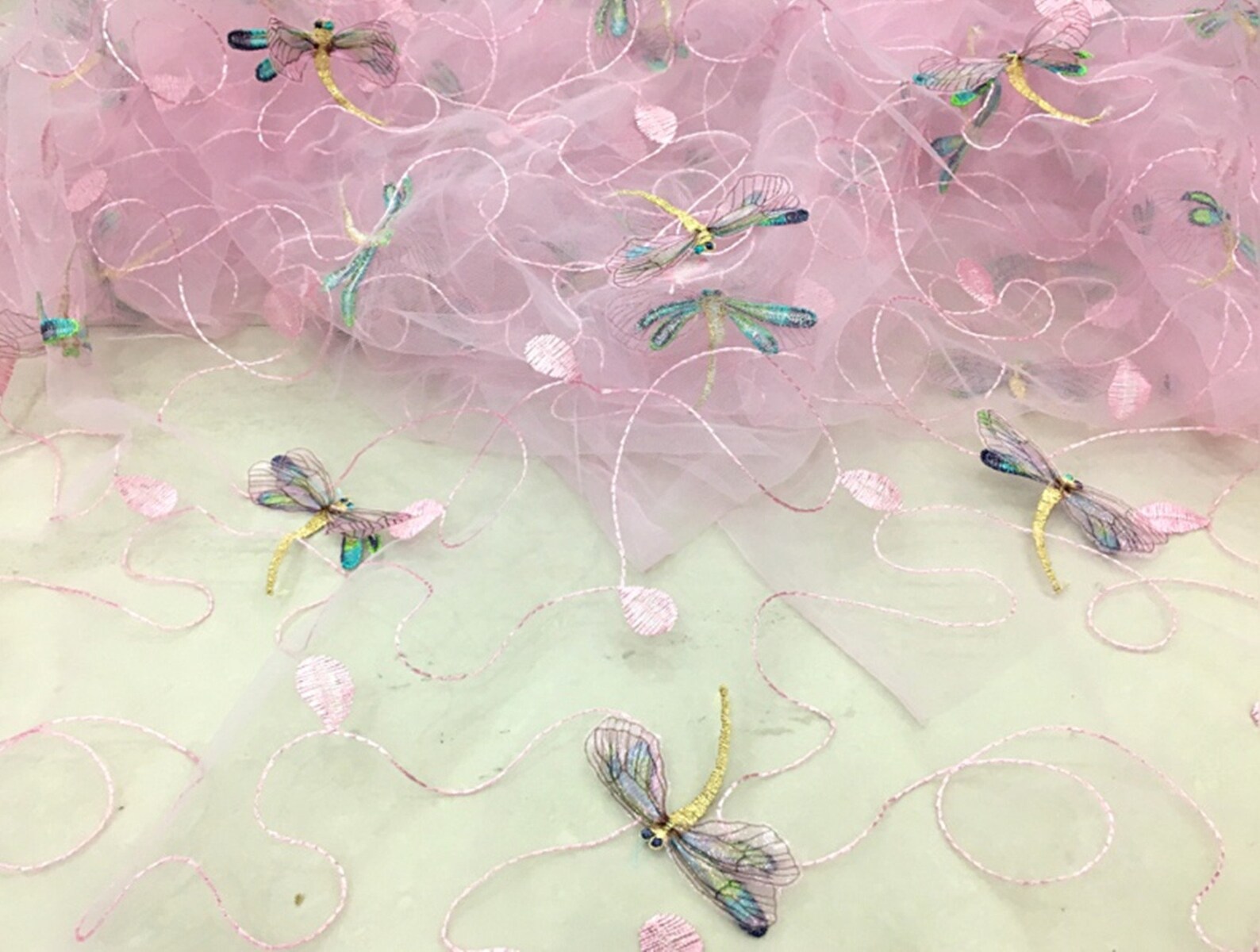 Solid 3D Dragonfly Embroidery Lace Fabric Exquisite Wedding Embroidered ...