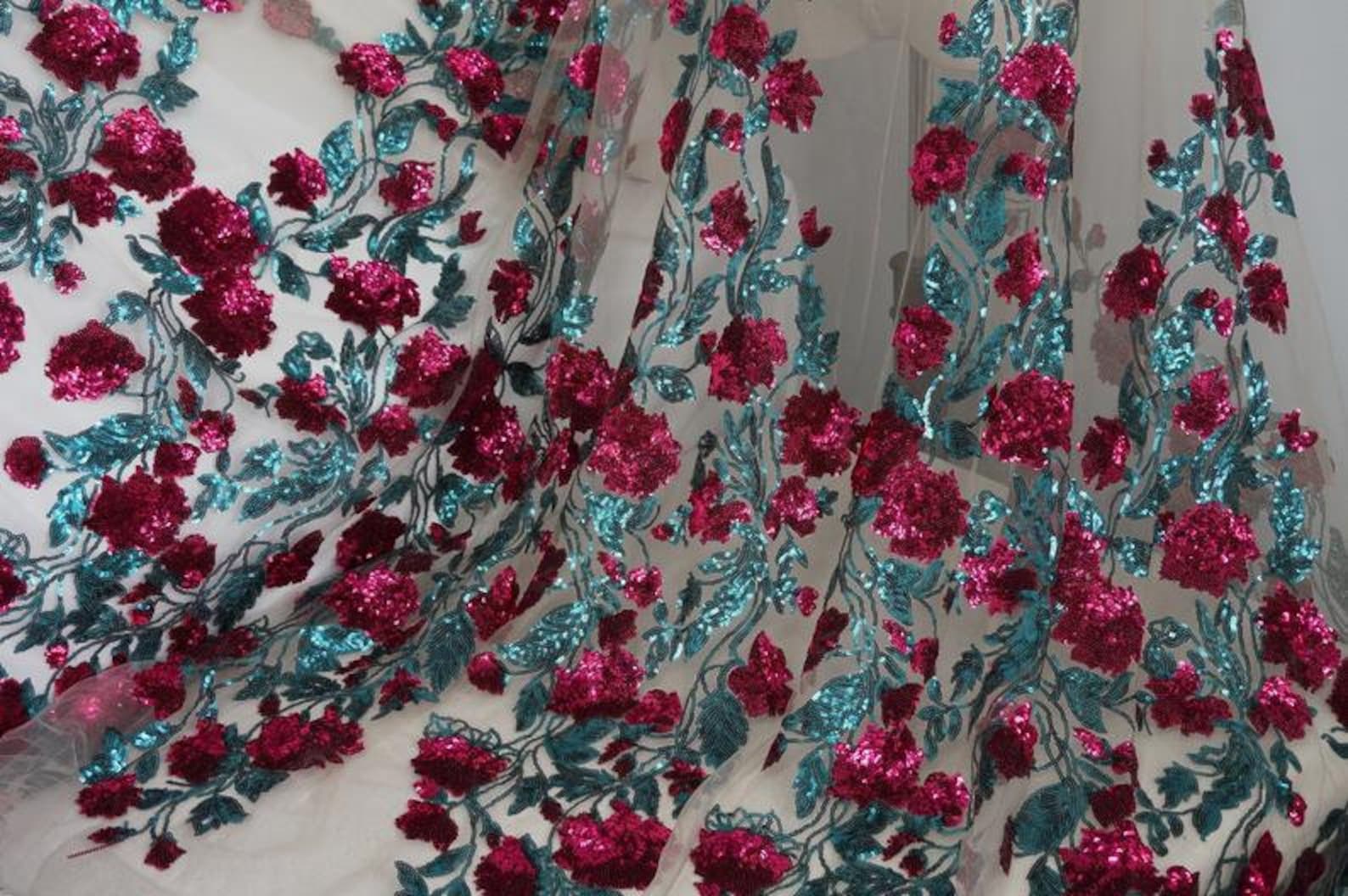 Shinny Sequins Rose Floral Lace Fabric Sequined Rose and Leaf | Etsy