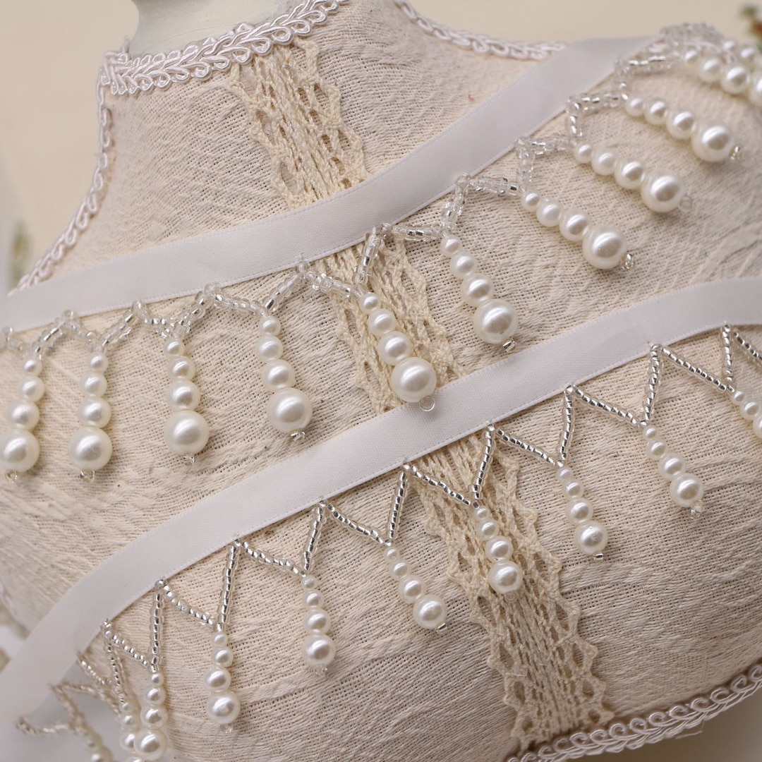 Delicate Beaded Tassel Trim, Pearl Lace Trim, Beaded Ribbon Trim, Pearl ...