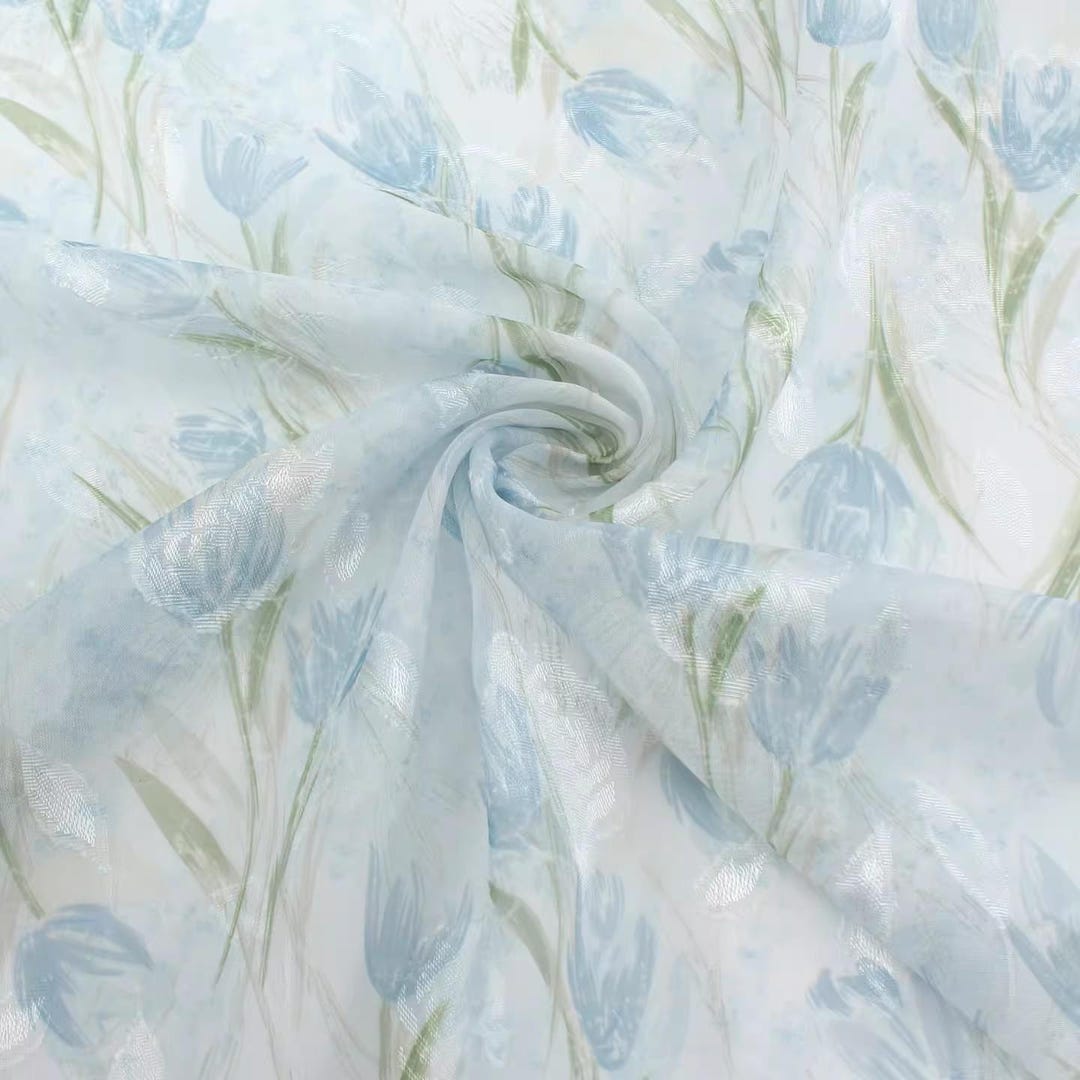 Fresh Light Blue Flower Branch Jacquard Fabric, Cute Floral Chiffon ...