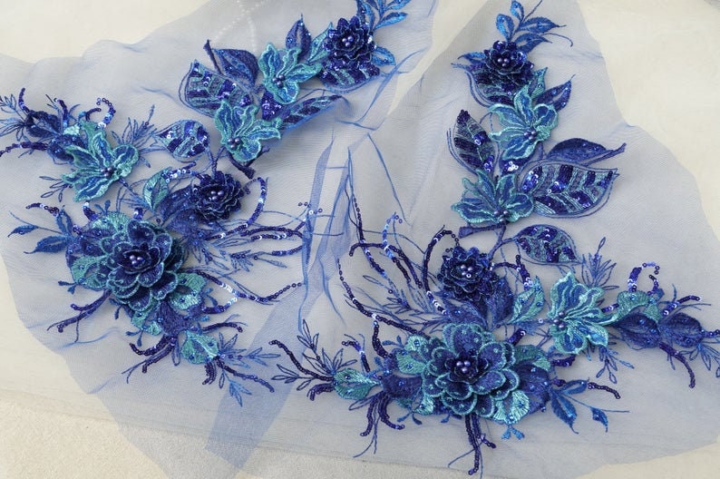 Royal Blue Beaded Lace Applique 3d Floral Lace Applique With - Etsy