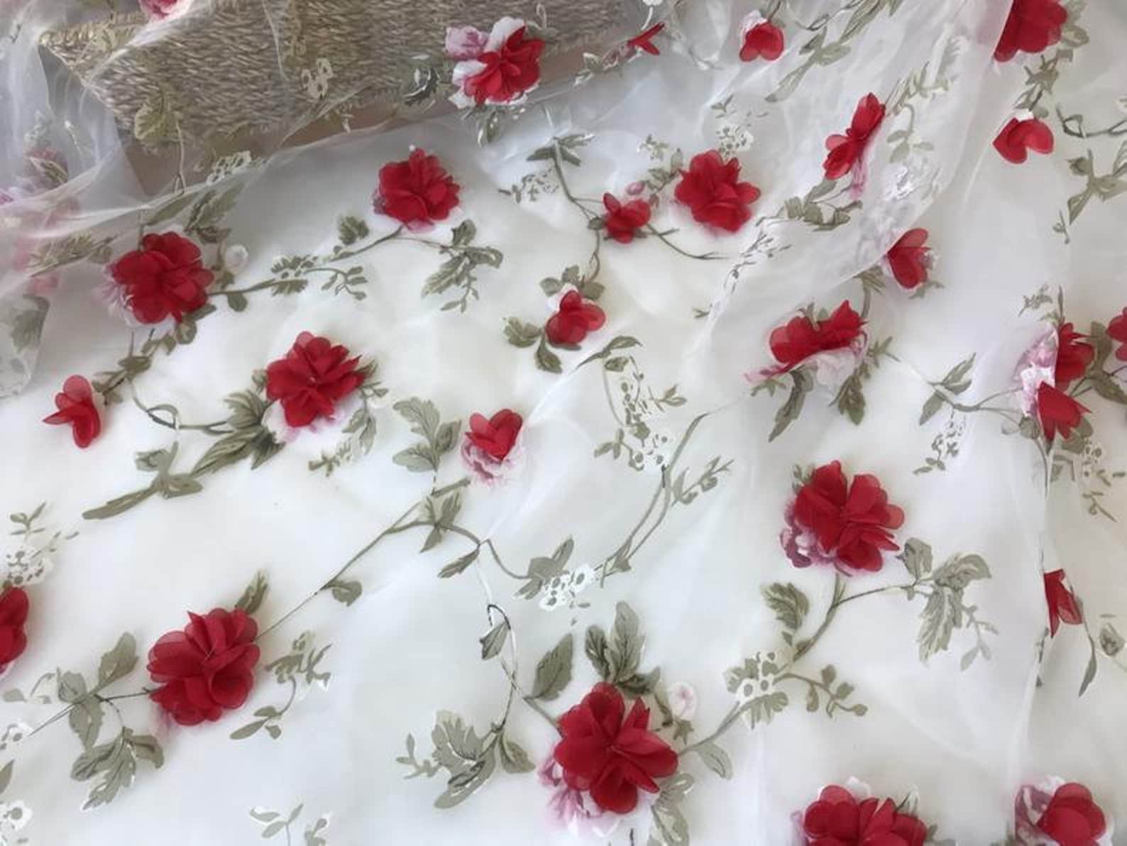 Transparent Organza Printed Fabric With 3D Rose Chiffon Flower Trim for ...