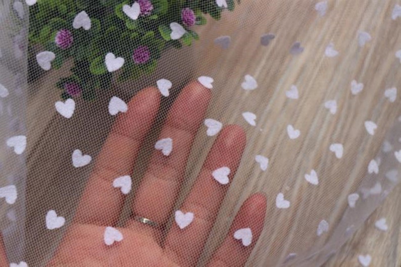 1 Yard Sweet Love Heart Lace Fabric Heart Flocked Tulle Fabric | Etsy