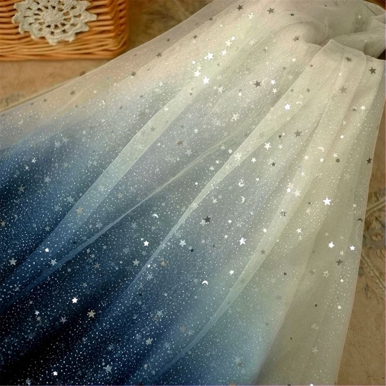 Gradient Tulle Fabric, Ombre Tulle Metallic Silver Moon and Star ...