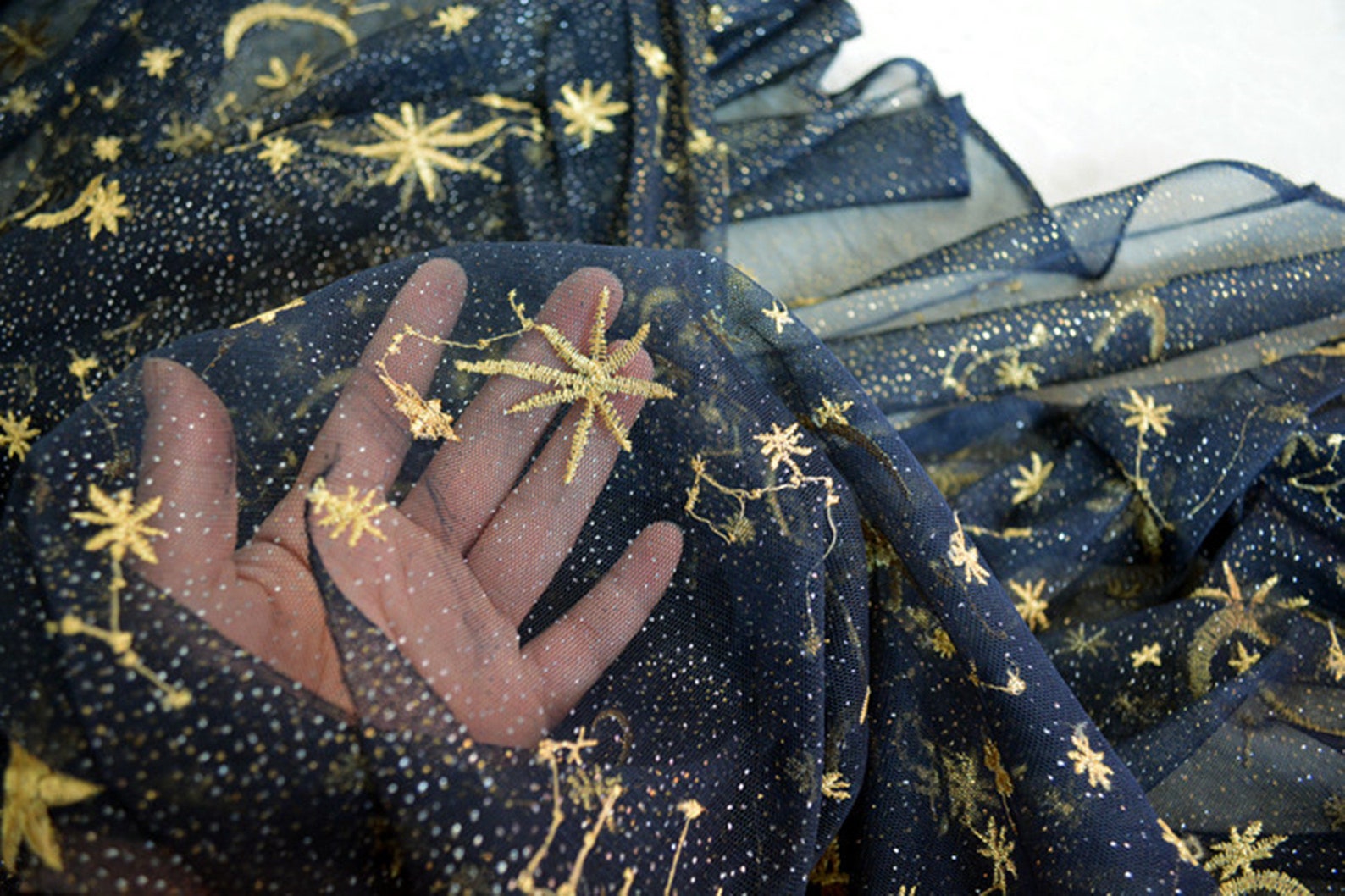 Embroidered Moon Pattern Lace Fabric Gold Glitter Star Moon | Etsy