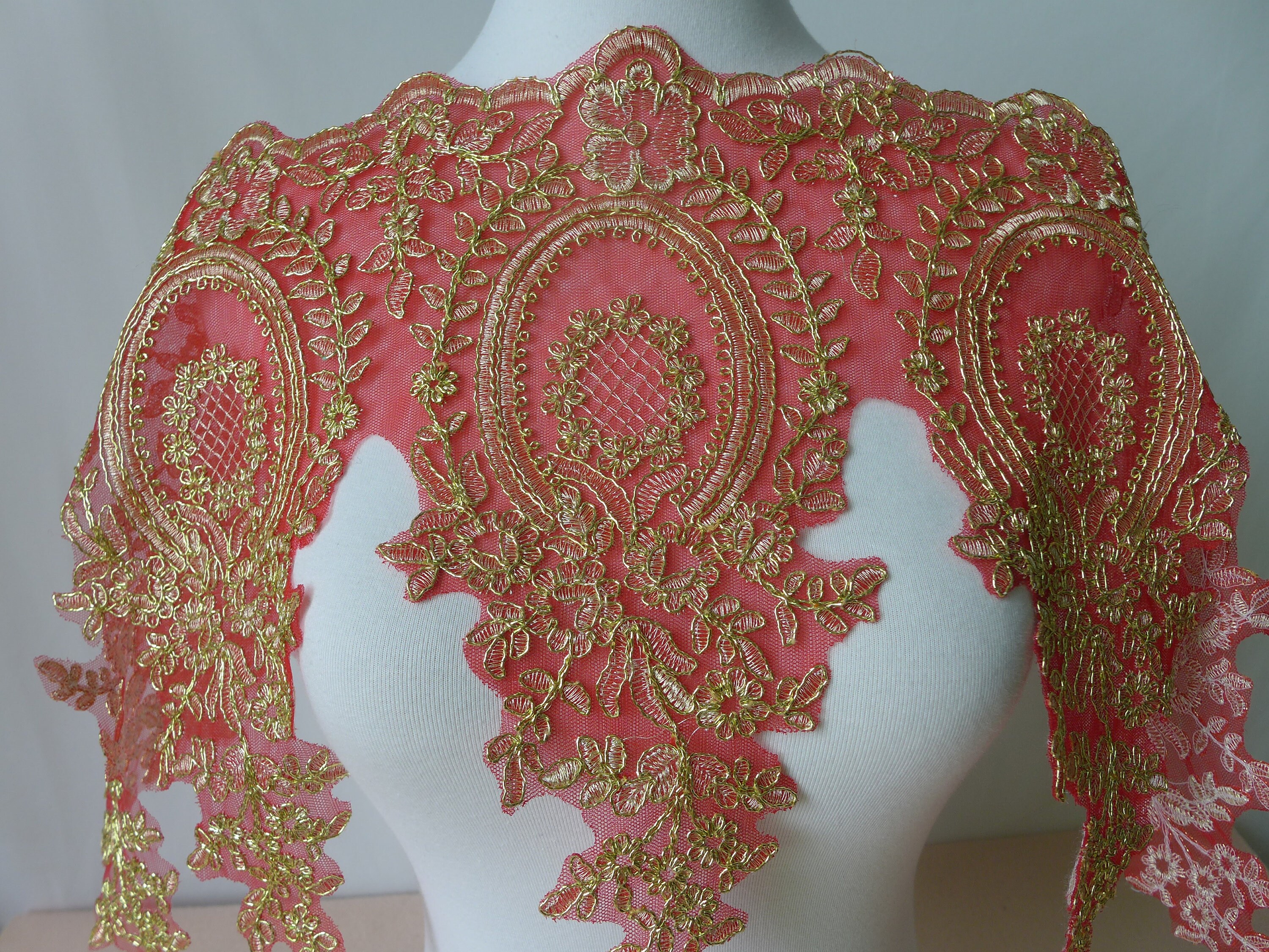 Gold Alencon Lace Trim Gold Metal Corded Lace Trim Red Tulle | Etsy