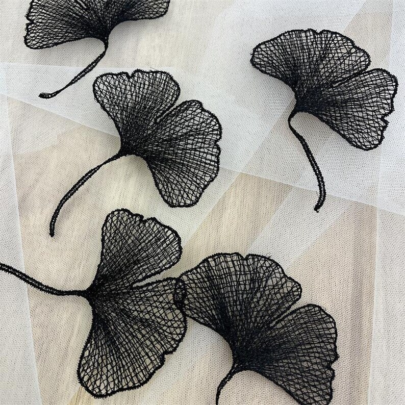 Black White Lace Applique, Hollowed Ginkgo Leaf Patch for Wedding Dress ...