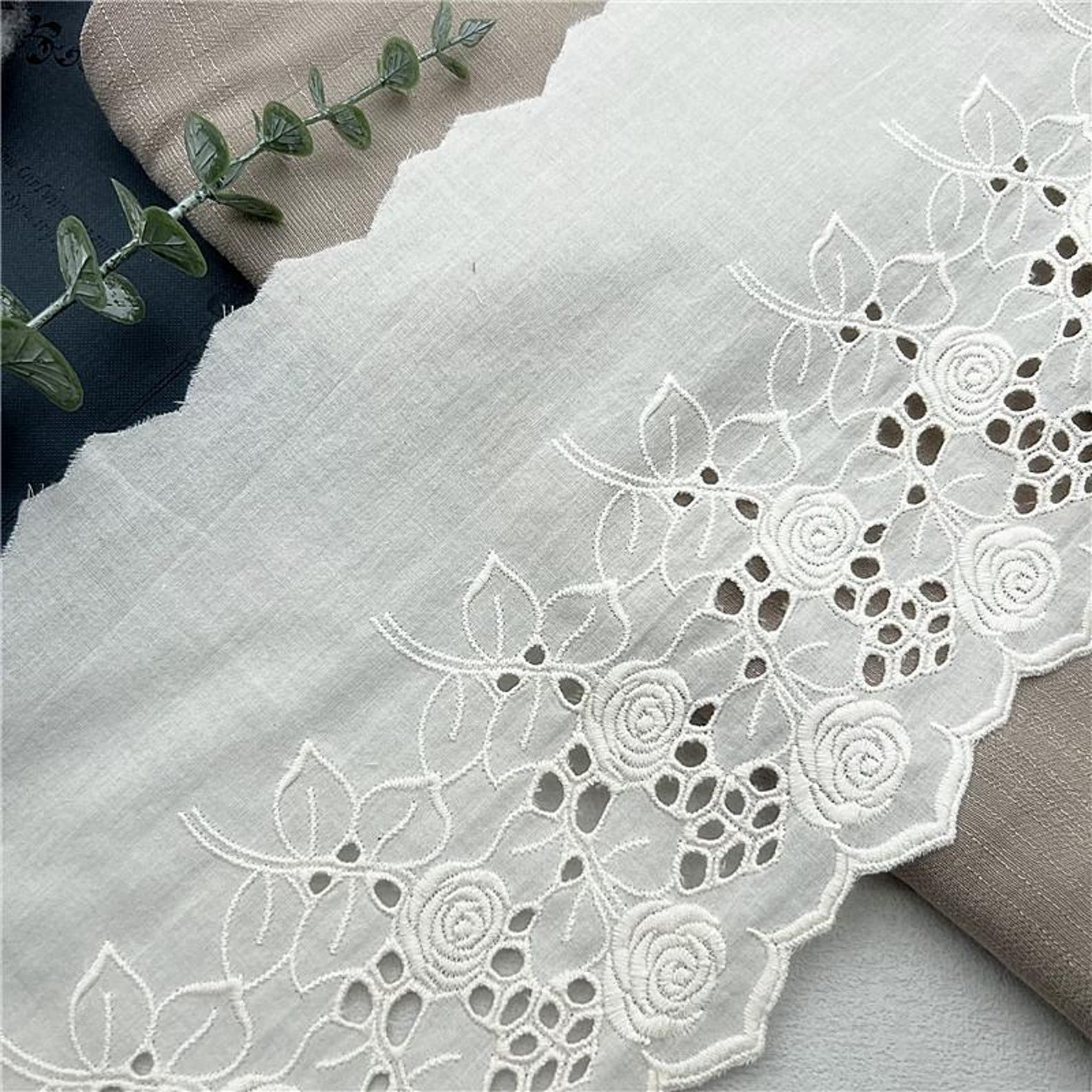 6.3" Wide Pretty Rose Flower Embroidered Cotton Trim, Eyelets Scalloped ...
