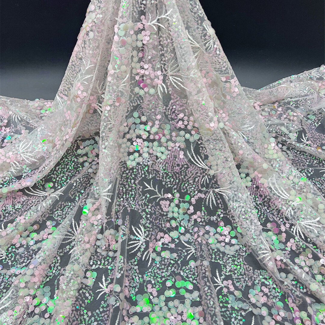 Iridescent Pink Sequins Lace Fabric Illusion Leaf Floral Embroidery ...