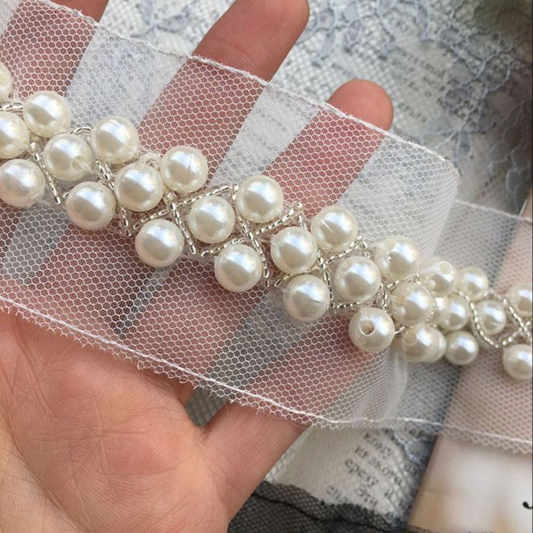 Bridal Beaded Lace Trim, Beaded Pearls Trim on Mesh, Beading Mesh Trim ...