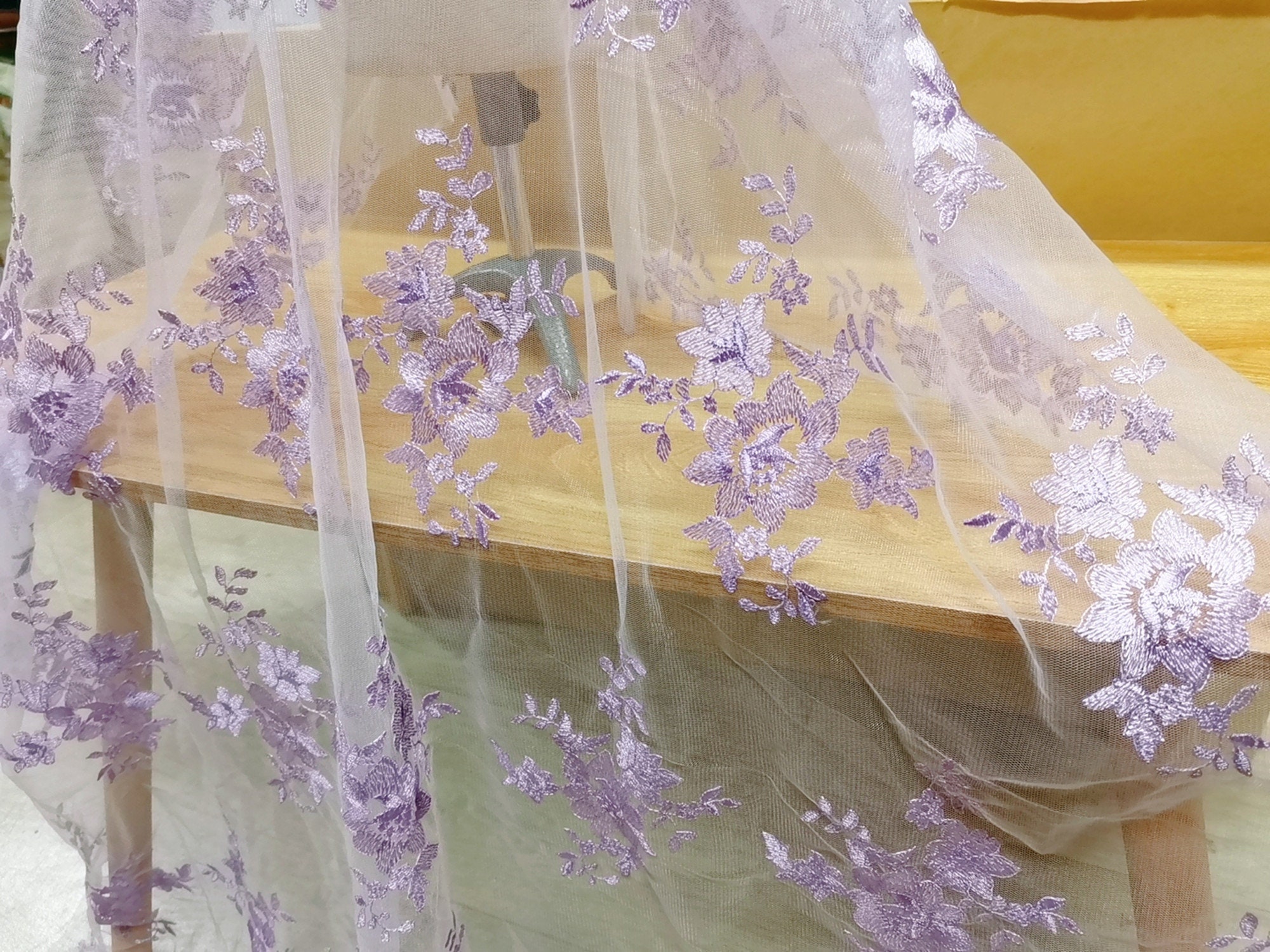 Light Purple Lace Fabric, Floral Embroidery Gauze Mesh Lace Fabric for ...