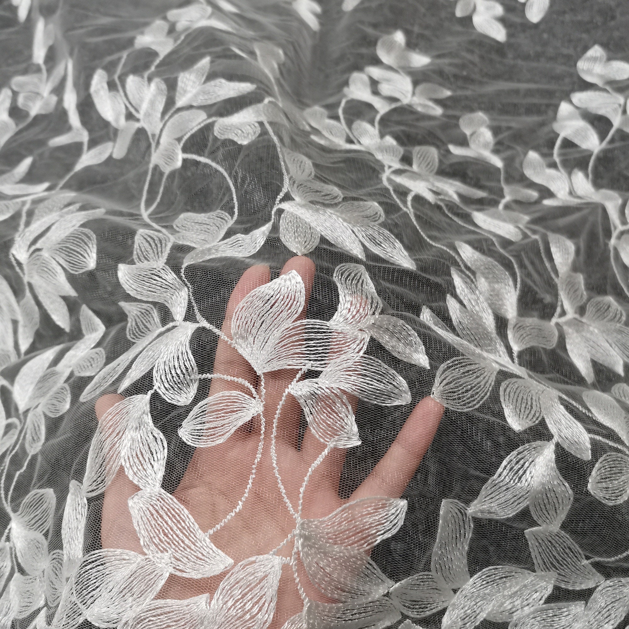 Delicate Leaf Embroidery Lace Fabric in off White, Leaf Overlay ...