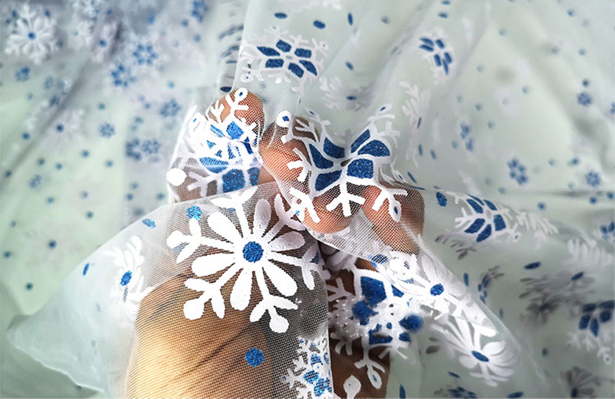 Frozen Print Blue White Snowflake Tulle Lace Fabric, Glitter Sheer Mesh ...