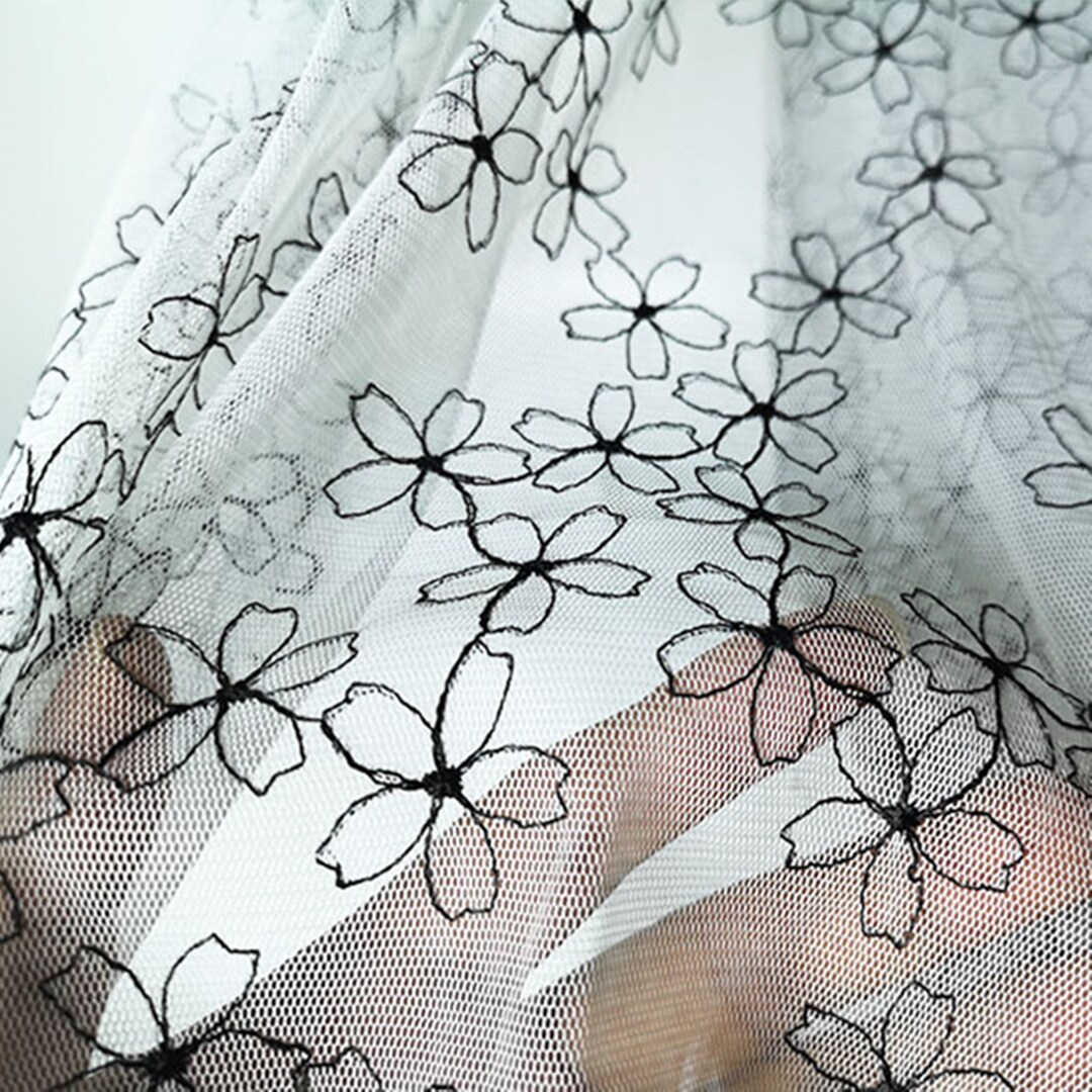 Soft Tulle Mesh Fabric, White Mesh Black Floral Embroidered Lace Fabric ...
