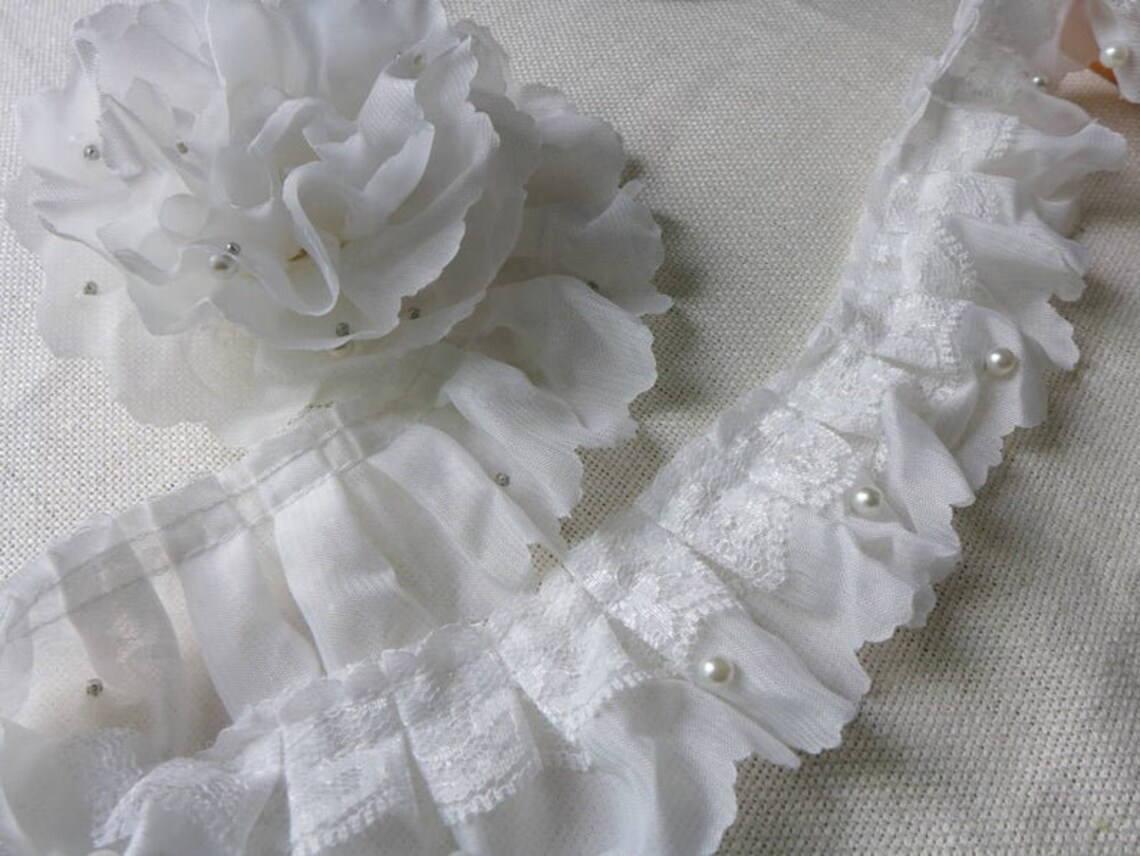 Off White Beaded Ruffled Lace Trim Double Layers Chiffon - Etsy