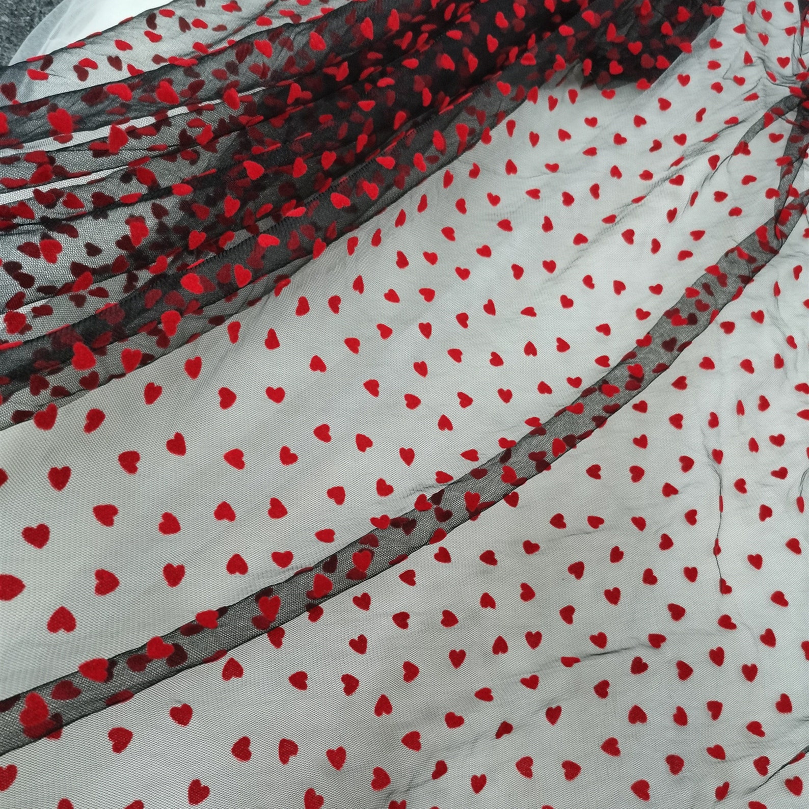 Red Heart Fabric Flocked Heart Tulle Lace Fabric | Etsy