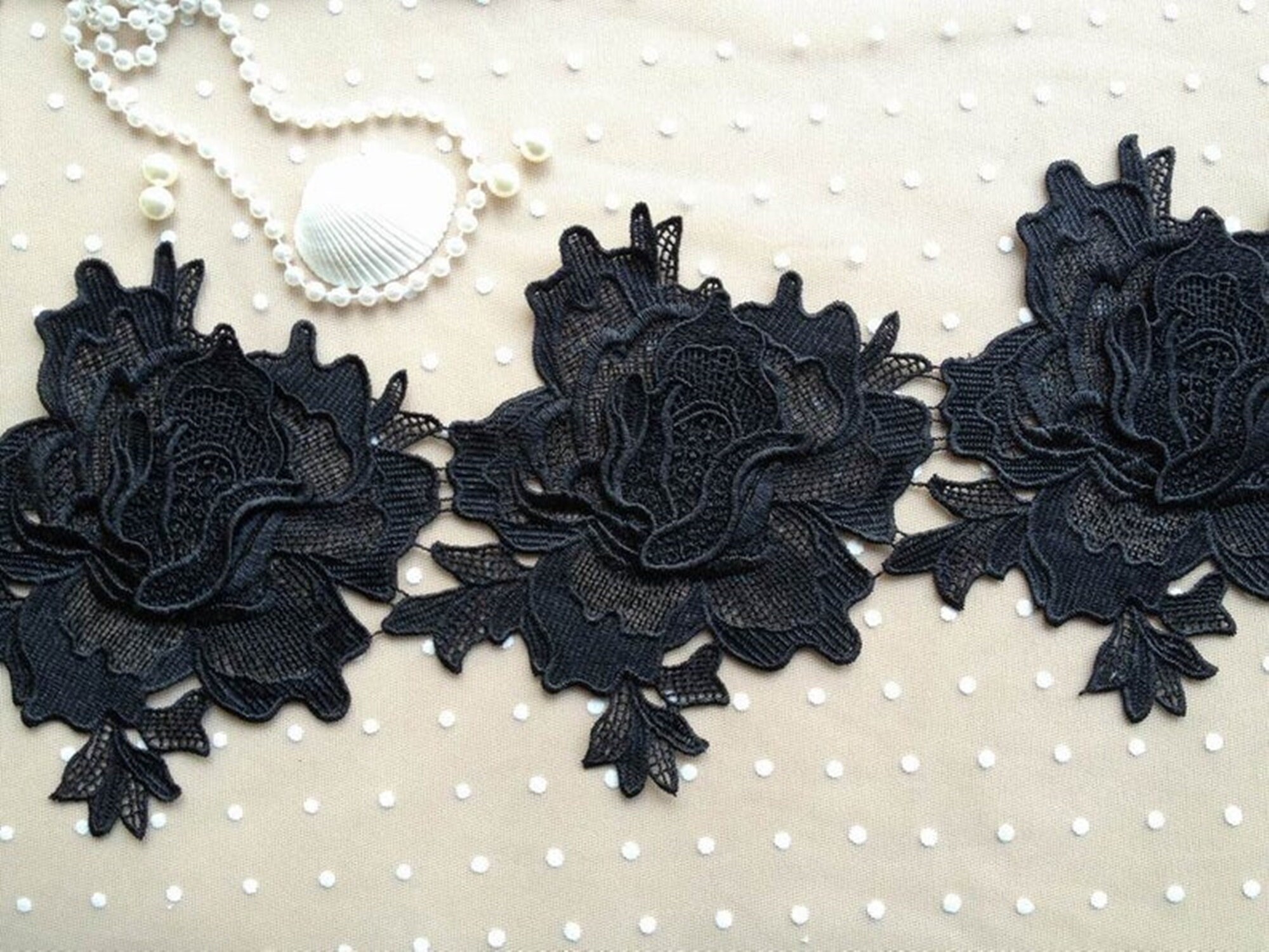 Black Lace Trim Venice Black Rose Lace Trim Black Roses | Etsy
