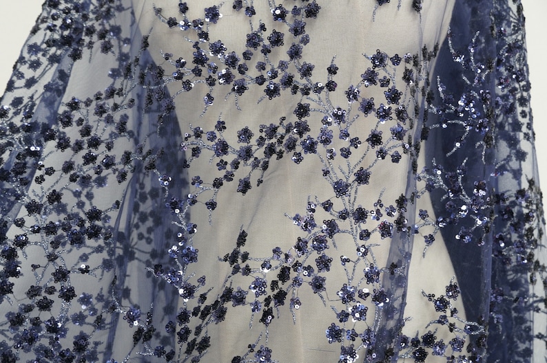 Vintage Navy Blue Tulle Fabric, Navy Blue Sequins Lace Fabric , Fancy ...