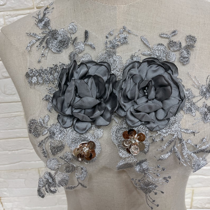 Gorgeous 3d Large Silk Flower Embroidery Lace Applique, Smoky Gray ...