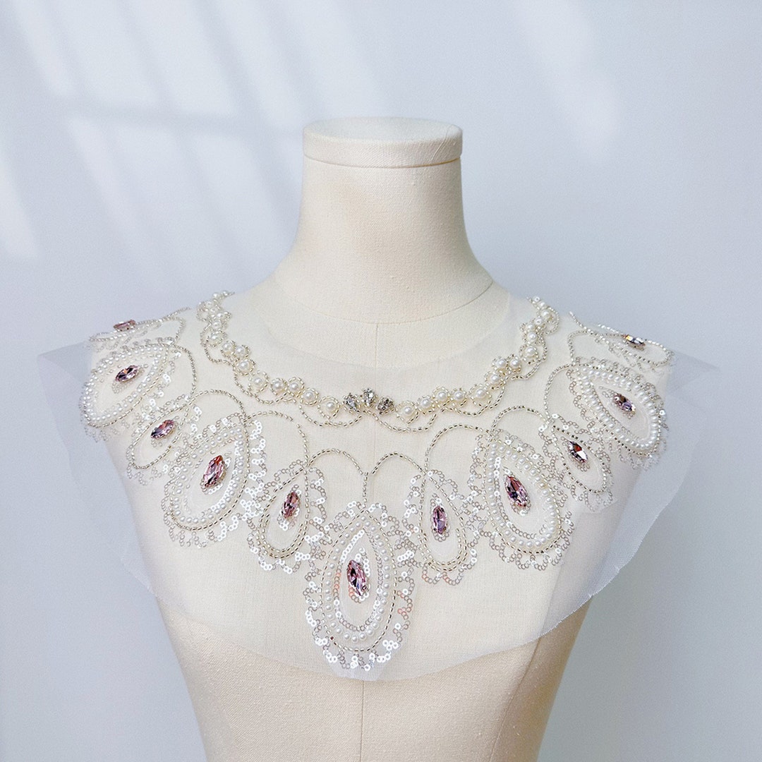 Beautiful Beaded Lace Collar Applique, Round Neck, Pearls Lace Collar ...