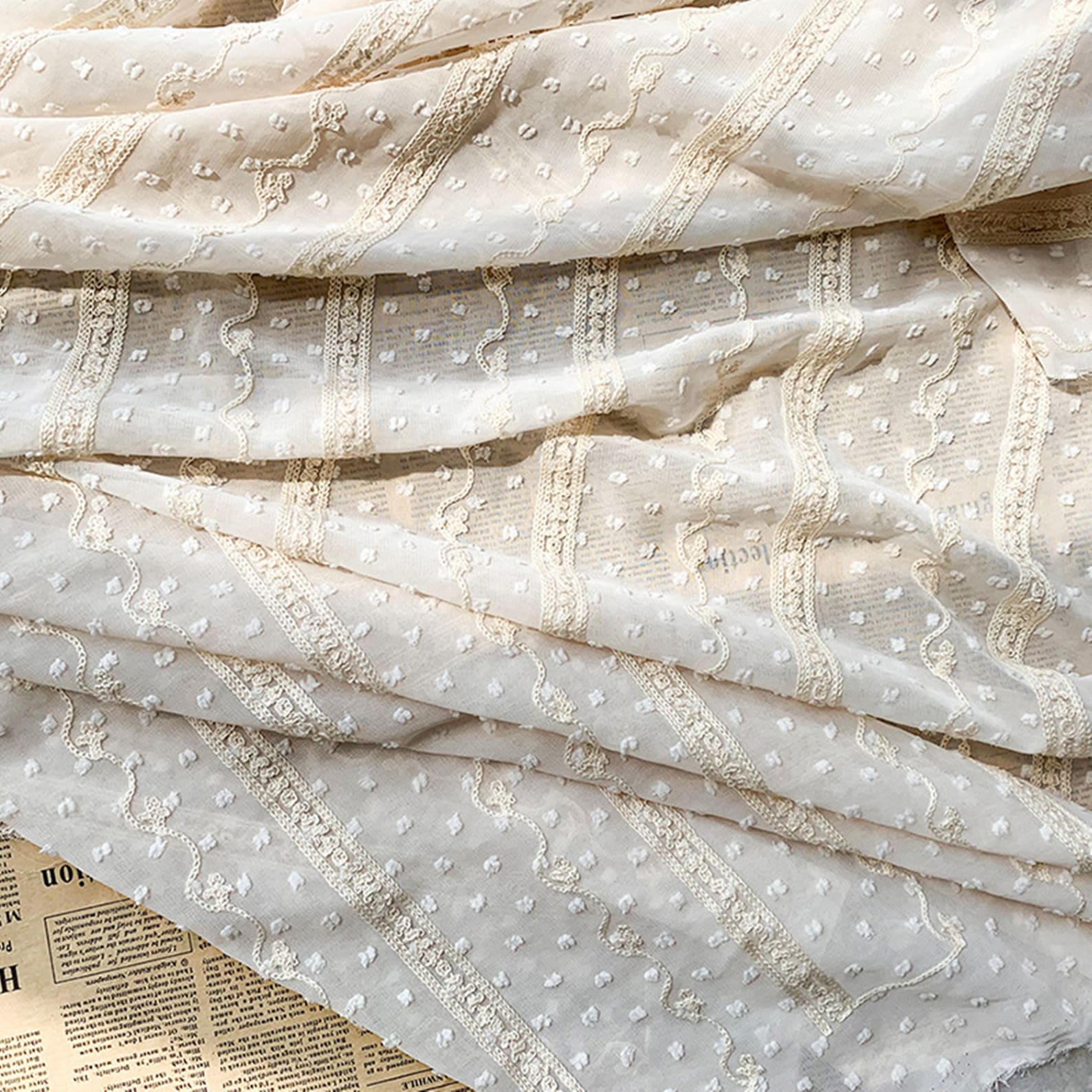 Vintage Beige Chiffon Fabric, Striped Fabric, Polka Dot Chiffon Lace ...