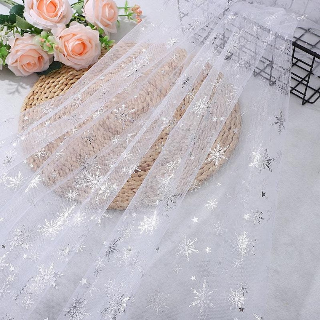 White Blue Snowflake Print Tulle, Silver Glitter Snowflake Lace Fabric for Girls Dress, Veils ...