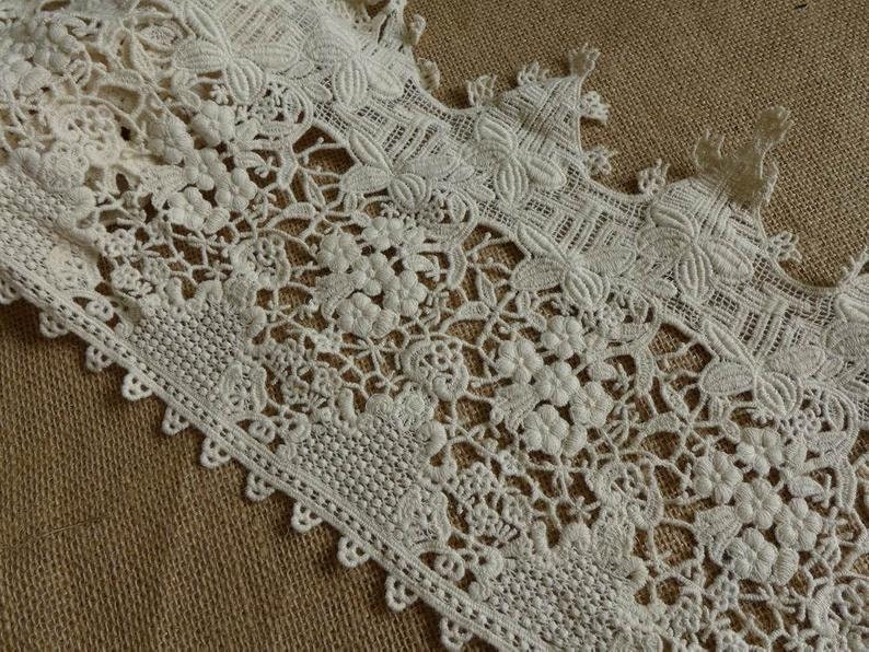 8.54" Wide Beige Cotton Crochet Lace Trim, Hollowed Floral Lace Trim ...
