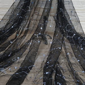 Unique Constellation Embroidery Lace Fabric, Sequins Navy Mesh Lace ...