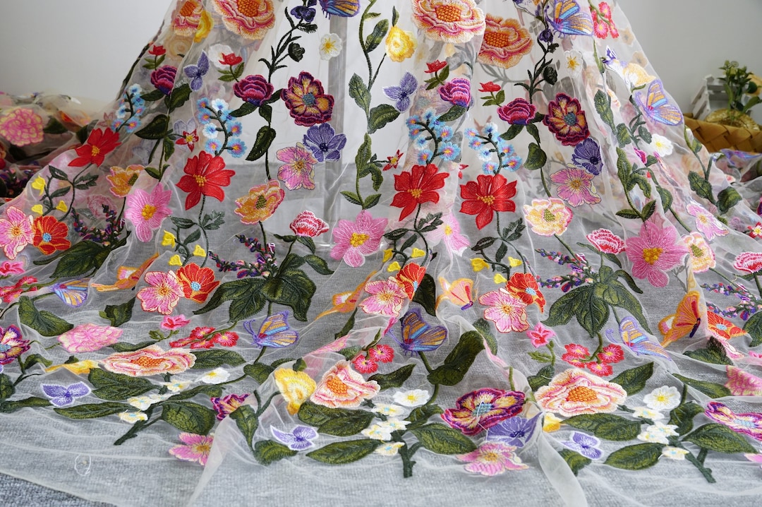 Super! Idyllic Flower Embroidery Tulle Fabric, Exquisite Floral Tulle ...
