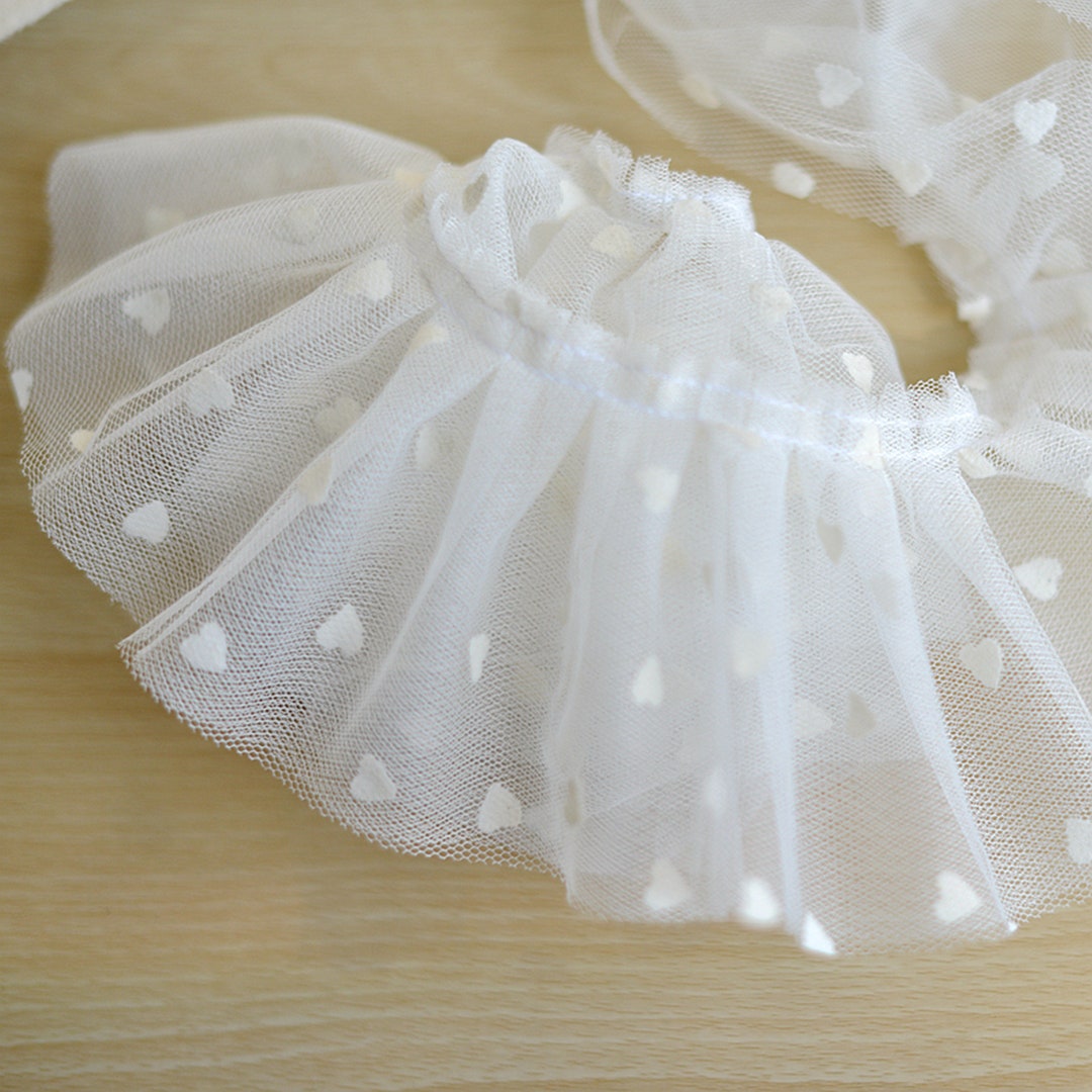 Flocked Heart Lace Trim, Flocking Heart Motif Ruffled Lace Trim for ...