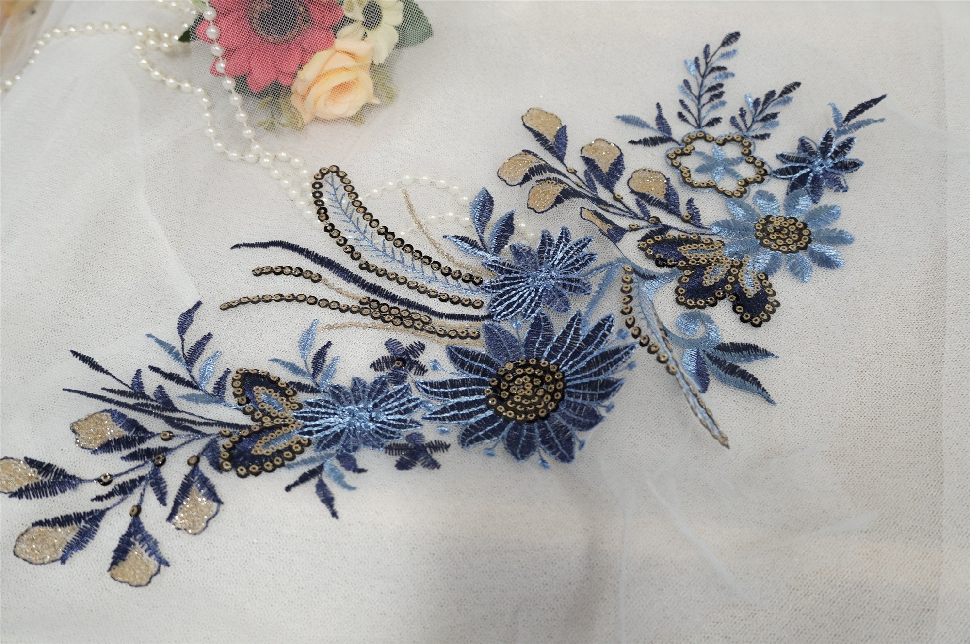 1 Pair, Unique Blue Flower Applique, Embroidery Floral Applique With ...