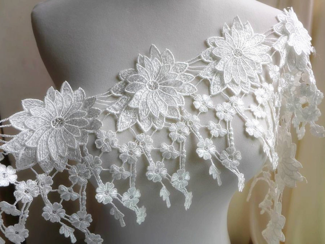 Shiny White Venice Lace Beautiful Sunflowers Dangle Fringe - Etsy
