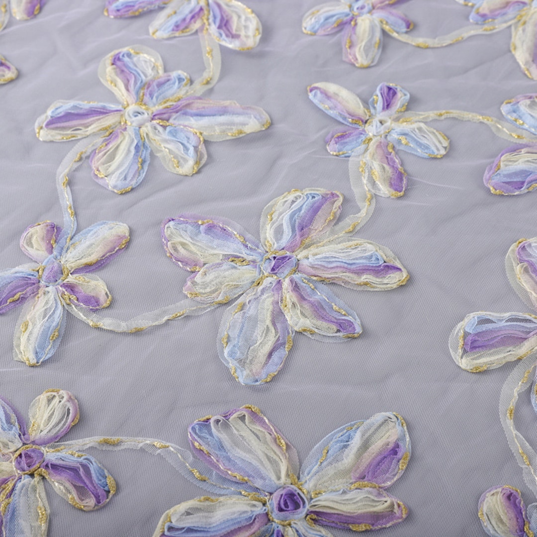 1 Yard Purple Gold Flowers Embroidery Mesh Lace Fabric, Embroidered ...