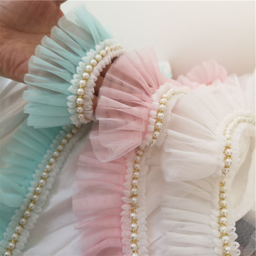 Elegant Ruffle Lace Trim With Pearl, Beautiful Tulle Ruffle Trim for ...