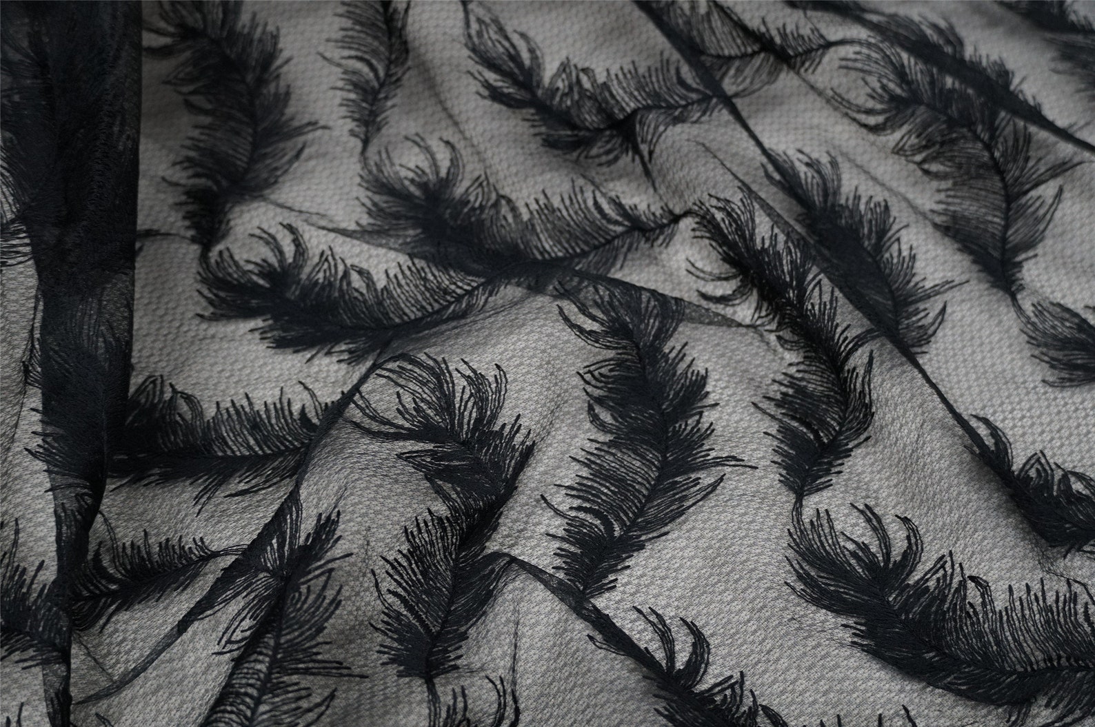 Black, White Feather Lace Fabric, Feather Embroidery Tulle Mesh Fabric ...